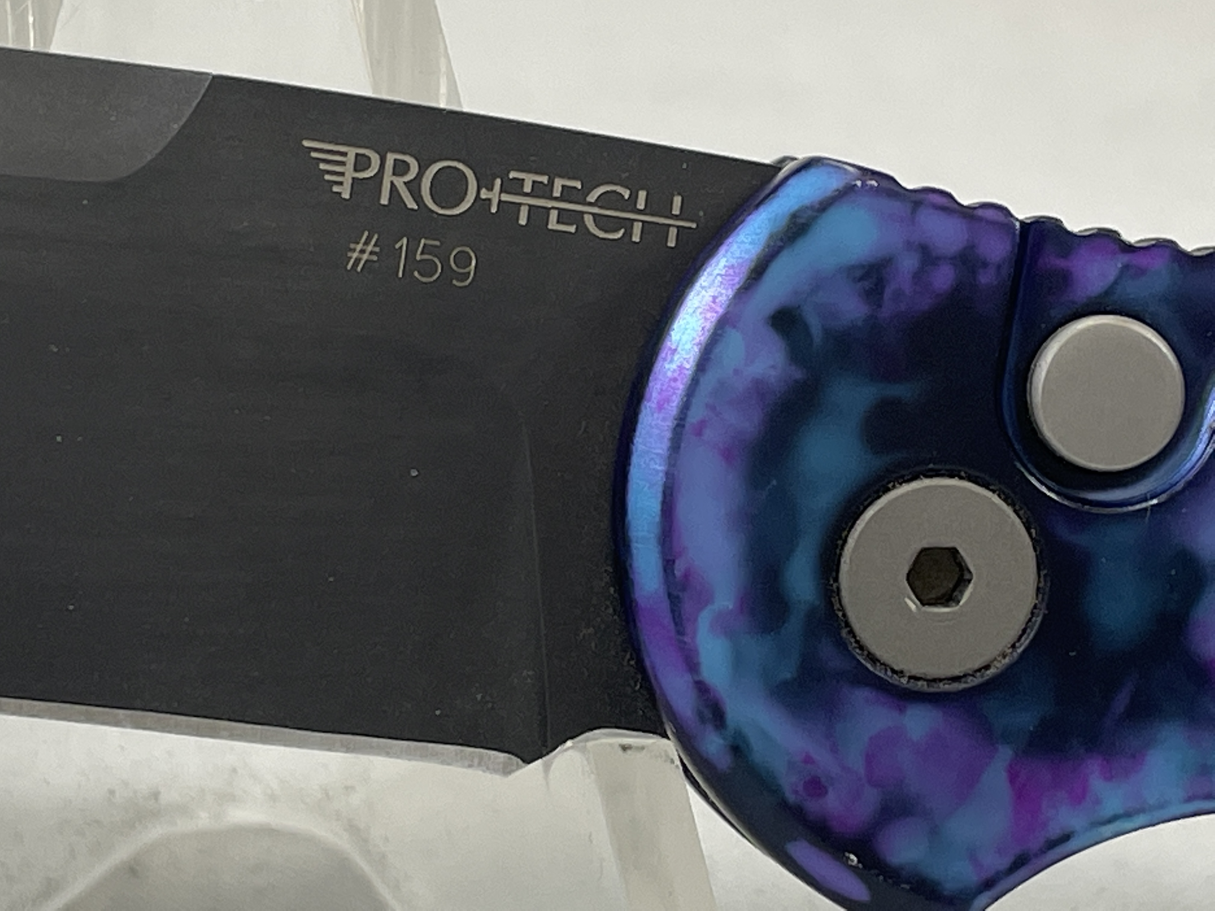 PRO-TECH USA #159 Black Coated 154-CM Blue & Purple Automatic MINT